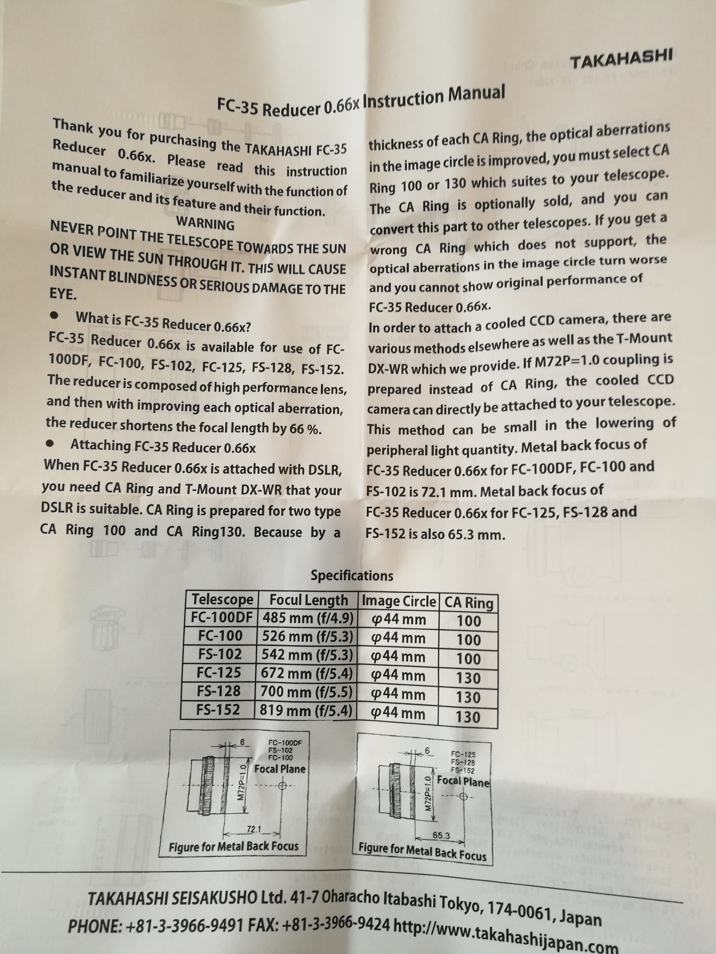 TKA19580 | Takahashi FC-35 Reducer 0,66x for FC-100DF/FC-100DL and